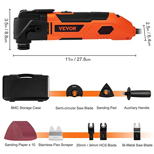 VEVOR Oscillating Tool 2.5A, 11000-22000 OPM 6 Variable Speeds Corded Oscillating Multi Tool with 3.1° Oscillating Angle, LED Light, 16PCS Saw Accessories & BMC Case for Cutting, Sanding, Grinding