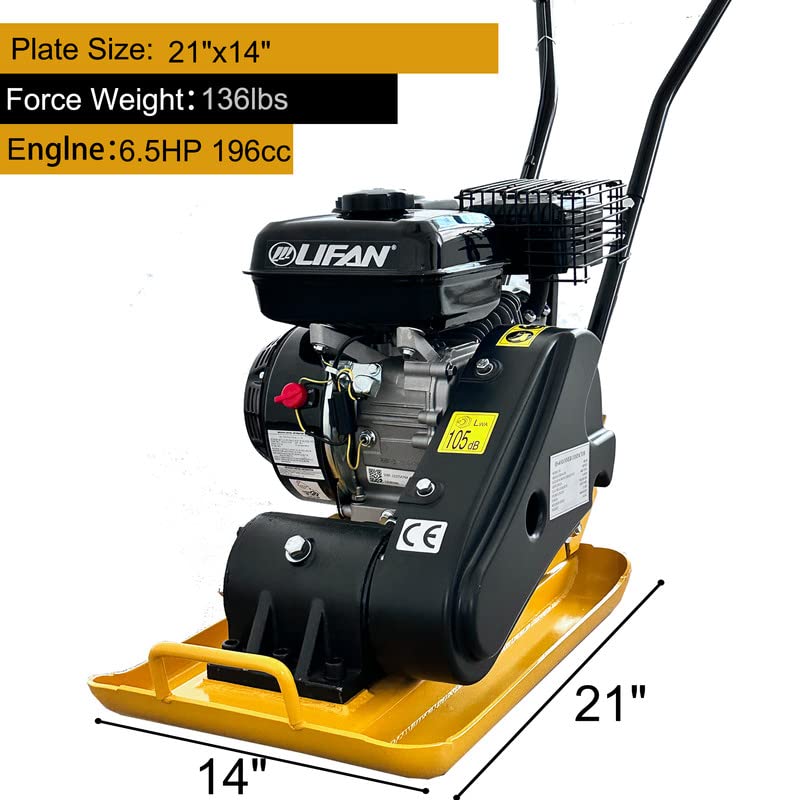 Propelled Plate Compactor 6.5HP Gas Engine 2500 Pounds of Compaction Force Tamper Rammer Jumping Jack 21 × 14 Inch Concrete Tamper for Paving Landscaping