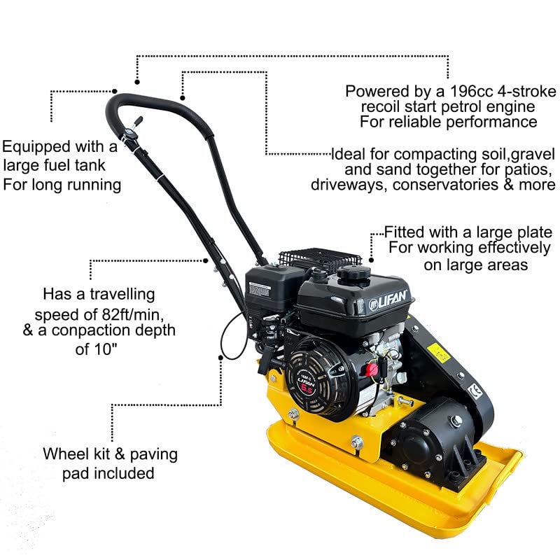 Propelled Plate Compactor 6.5HP Gas Engine 2500 Pounds of Compaction Force Tamper Rammer Jumping Jack 21 × 14 Inch Concrete Tamper for Paving Landscaping