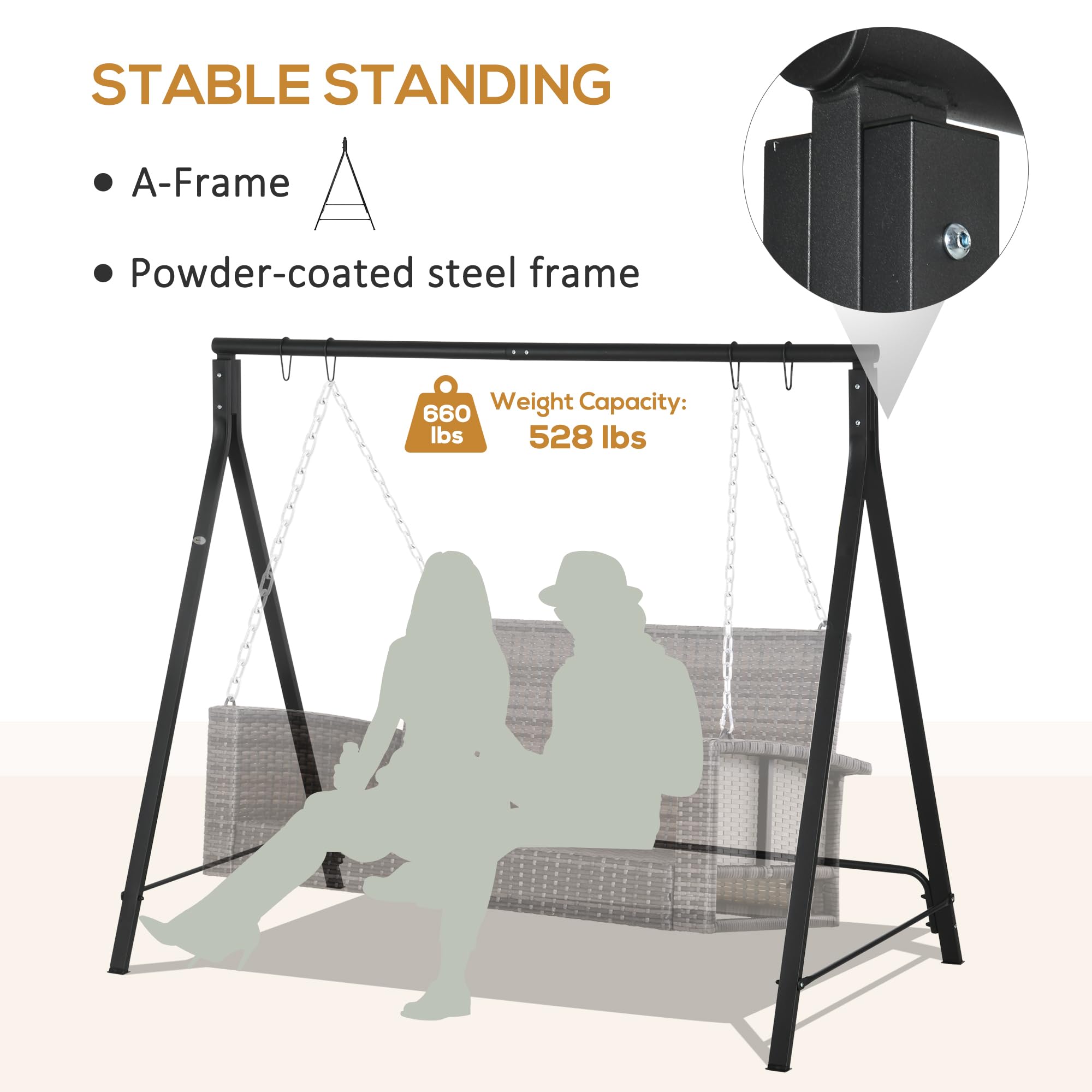 Outsunny Metal Porch Swing Stand, Heavy Duty Swing Frame, Hanging Chair Stand Only, 660 LBS Weight Capacity, for Backyard, Patio, Lawn, Playground, Black