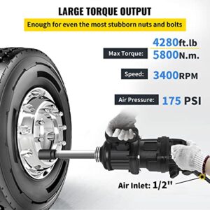 VEVOR 1 Inch Air Impact Wrench, 4280 ft-lbs High Torque Impact Gun w/ 8 Inch Extended Anvil for Heavy Duty Machinery/Semi-Truck/Bus Tires