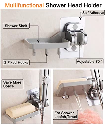 Liccyy Adhesive Shower Head Holder with Wall Shelves, Strong Self Adhesive Adjustable Waterproof Multifunction Handheld Shower Wand Holder Bracket with 3 Hanger Hooks,Wall Mount,No Drilling, Silver