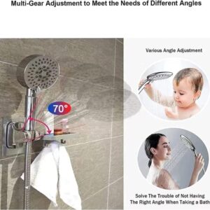 Liccyy Adhesive Shower Head Holder with Wall Shelves, Strong Self Adhesive Adjustable Waterproof Multifunction Handheld Shower Wand Holder Bracket with 3 Hanger Hooks,Wall Mount,No Drilling, Silver