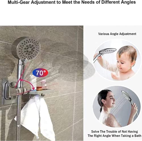 Liccyy Adhesive Shower Head Holder with Wall Shelves, Strong Self Adhesive Adjustable Waterproof Multifunction Handheld Shower Wand Holder Bracket with 3 Hanger Hooks,Wall Mount,No Drilling, Silver