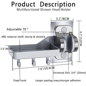 Liccyy Adhesive Shower Head Holder with Wall Shelves, Strong Self Adhesive Adjustable Waterproof Multifunction Handheld Shower Wand Holder Bracket with 3 Hanger Hooks,Wall Mount,No Drilling, Silver