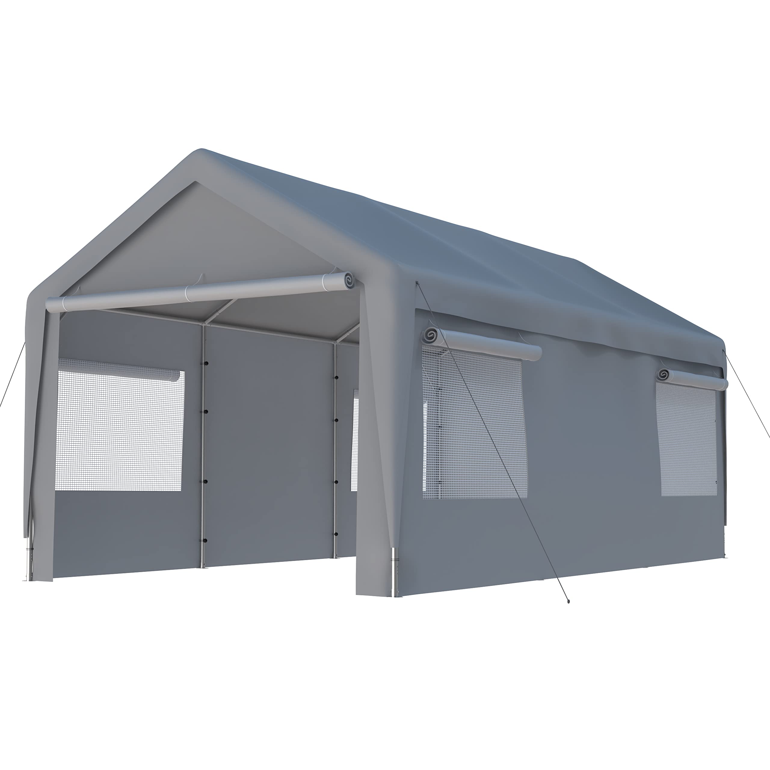 Carport 10x20ft Car Canopy with Transparent Roll-up Windows, Removable Sidewalls & Doors,Portable Garage for Car, Truck, Boat, Car Canopy, Grey