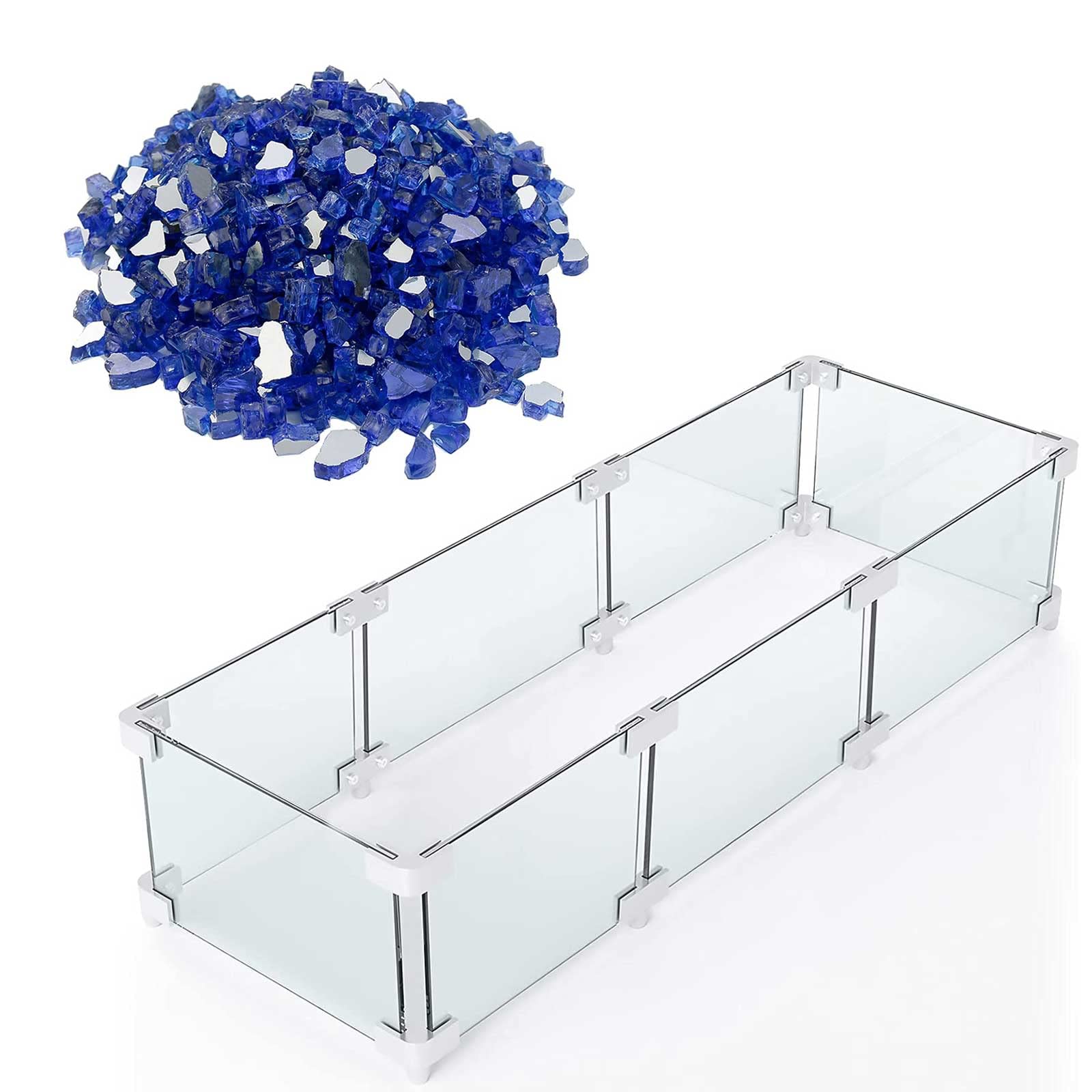 Grisun Cobalt Blue Fire Glass for Fire Pit - 1/2 Inch 10 Pounds and Rectangle Fire Pit Glass Wind Guard - 41.5 x 11.5 x 6 inch