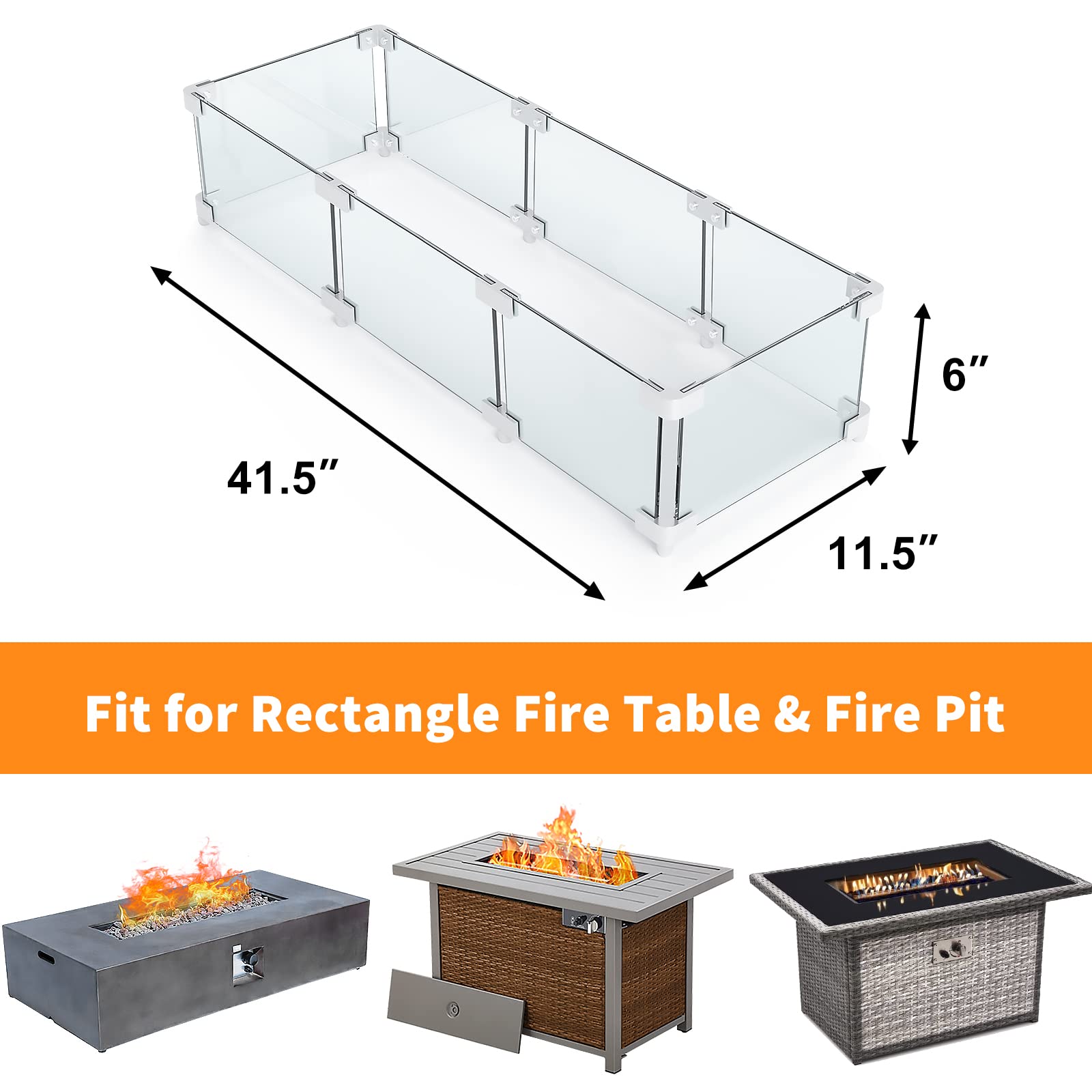 Grisun Cobalt Blue Fire Glass for Fire Pit - 1/2 Inch 10 Pounds and Rectangle Fire Pit Glass Wind Guard - 41.5 x 11.5 x 6 inch