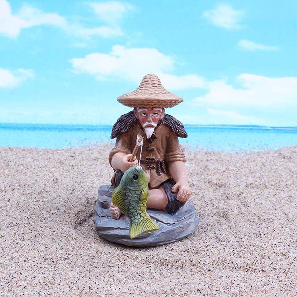 Mini Fisherman Figurines Miniature Resin Fisherman Bonsai Figurine for Fish Tank Bonsai Landscape Fairy Garden Decoration