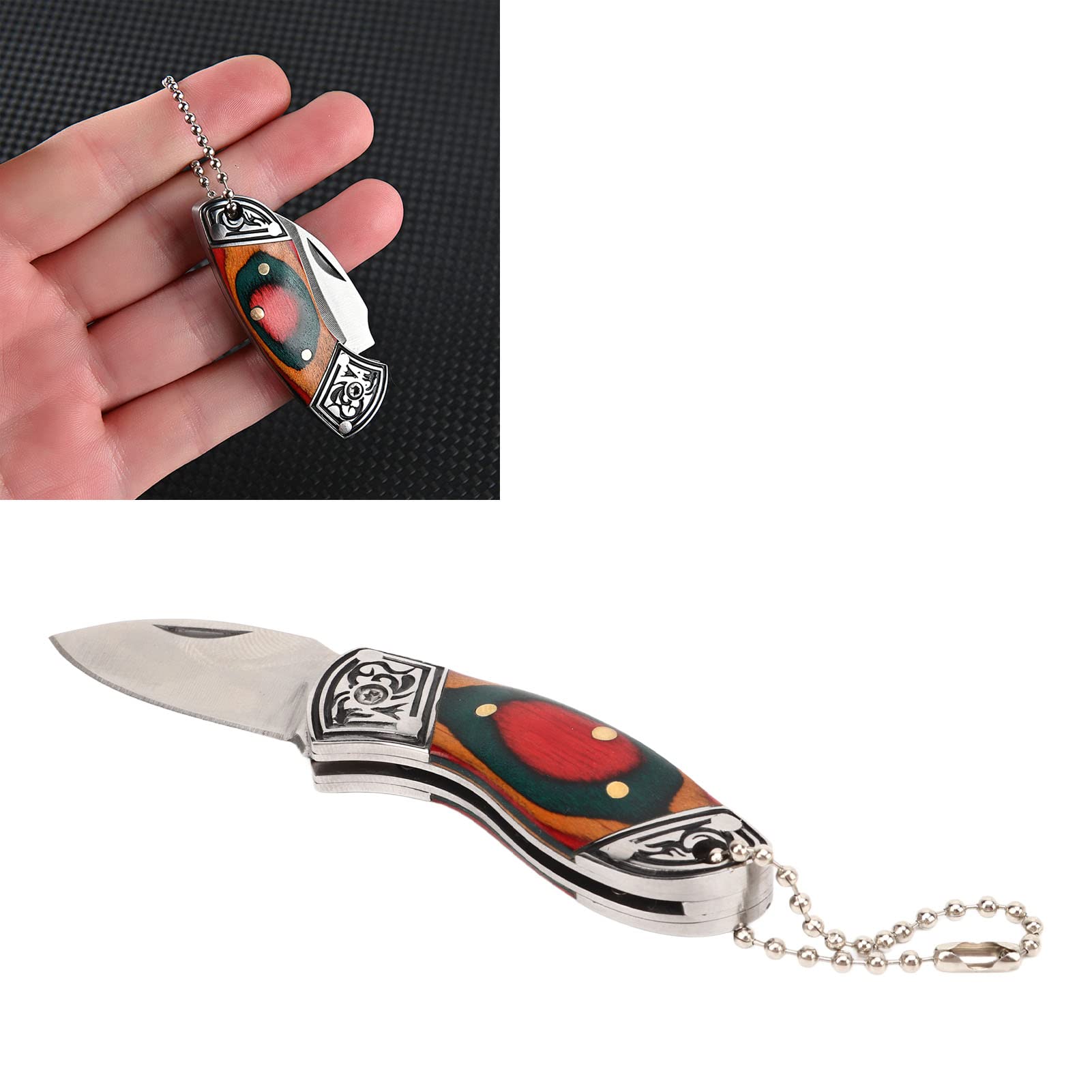 Folding Pocket Knife, Pocket Knife Wood Handle Proof Stainless Steel Blade for Paring (Red Yellow Green)