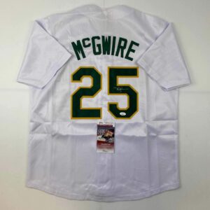 autographed/signed mark mcgwire oakland white baseball jersey jsa coa