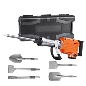 vevor demolition jack hammer, max 2200w electric jackhammer heavy duty, 1350 bpm concrete breaker 6pcs chisels bit chipping with case