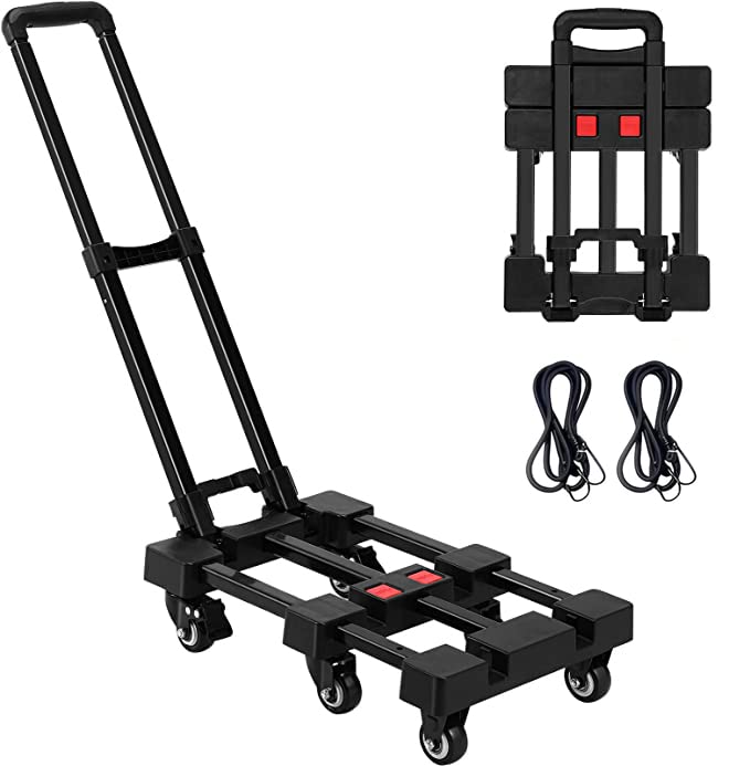 Foldable Hand Truck for Moving, Heavy Dolly Adjustable Handle, 440LB Luggage Cart Dolly with 6 Wheels & 2 Bungee Cords for Moving Heavy Furniture