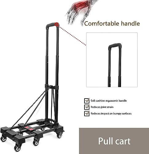 Foldable Hand Truck for Moving, Heavy Dolly Adjustable Handle, 440LB Luggage Cart Dolly with 6 Wheels & 2 Bungee Cords for Moving Heavy Furniture