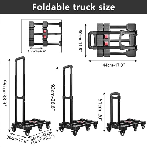 Foldable Hand Truck for Moving, Heavy Dolly Adjustable Handle, 440LB Luggage Cart Dolly with 6 Wheels & 2 Bungee Cords for Moving Heavy Furniture