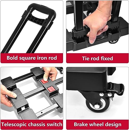 Foldable Hand Truck for Moving, Heavy Dolly Adjustable Handle, 440LB Luggage Cart Dolly with 6 Wheels & 2 Bungee Cords for Moving Heavy Furniture