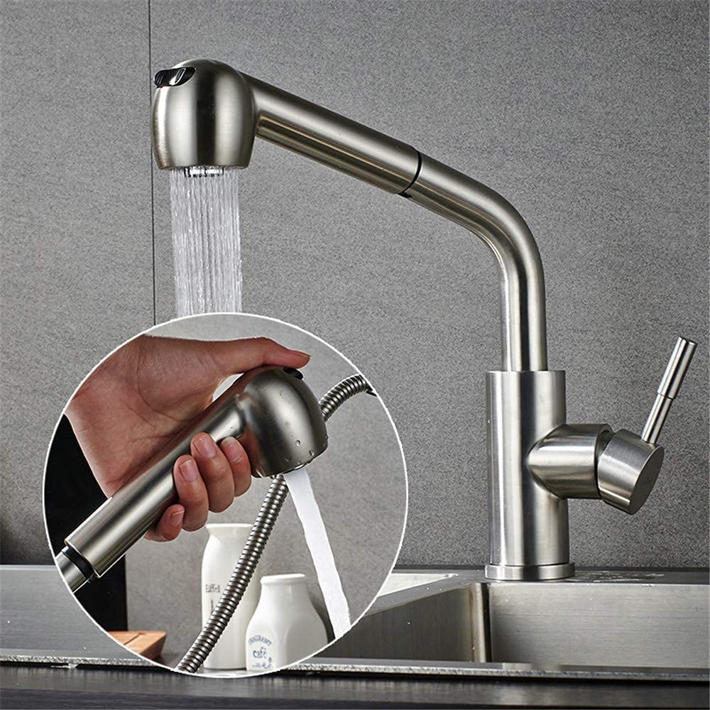 304 Stainless Steel Kitchen Faucet Hot and Cold Mixer with Pull Out Spray Head, Universal Rotary and Double Outlet Switch The Shower Head Kitchen Sink Faucet Single Handle.