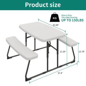 DWVO 37" Picnic Table, Folding Picnic Tables for Outdoors with Weather Resistant Resin Tabletop & Stable Steel Frame for Yard Patio Lawn Party, White