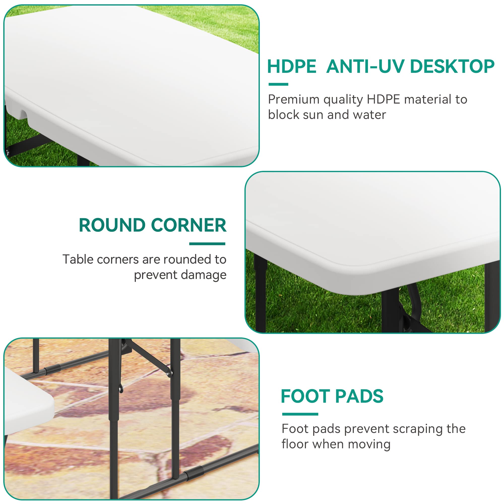 DWVO 37" Picnic Table, Folding Picnic Tables for Outdoors with Weather Resistant Resin Tabletop & Stable Steel Frame for Yard Patio Lawn Party, White