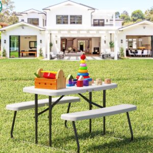 DWVO 37" Picnic Table, Folding Picnic Tables for Outdoors with Weather Resistant Resin Tabletop & Stable Steel Frame for Yard Patio Lawn Party, White