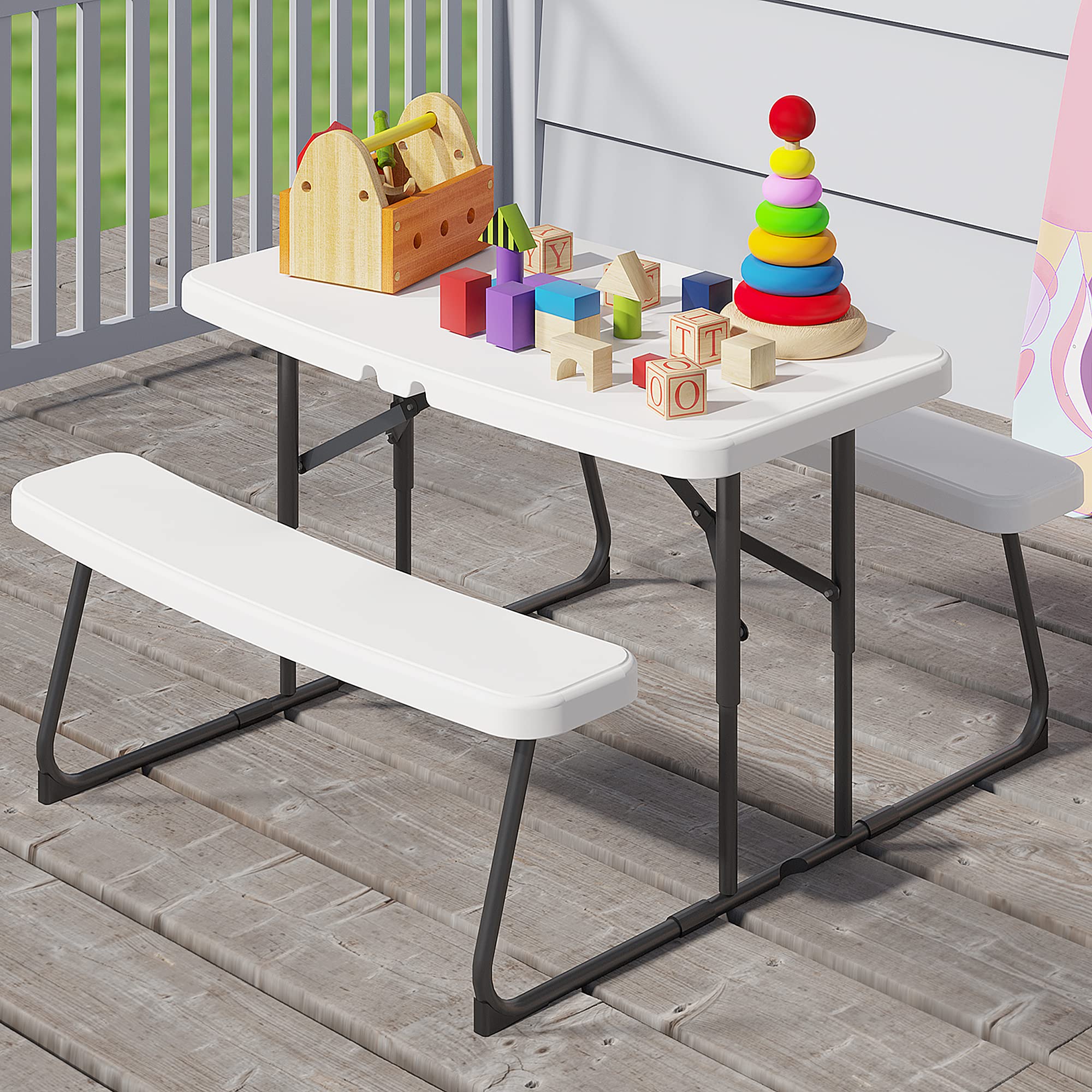 DWVO 37" Picnic Table, Folding Picnic Tables for Outdoors with Weather Resistant Resin Tabletop & Stable Steel Frame for Yard Patio Lawn Party, White