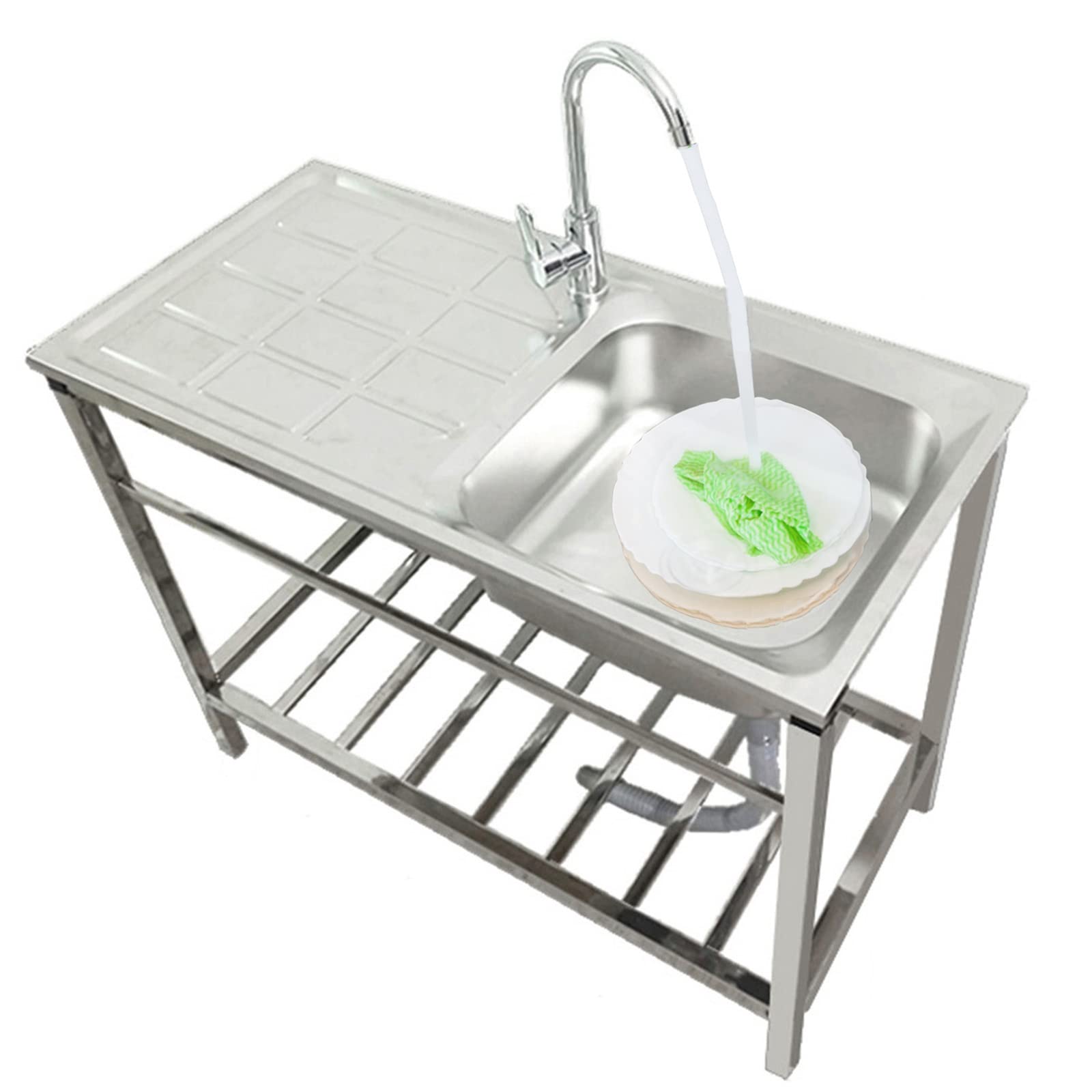 ENLLY Commercial Kitchen Sink, 29.5" L × 15.7" W × 30" H Single Bowl Stainless Steel Sink Utility Prep Washing Hand Basin for Yard Office Laundry Camping Restaurant, 1 Compartment