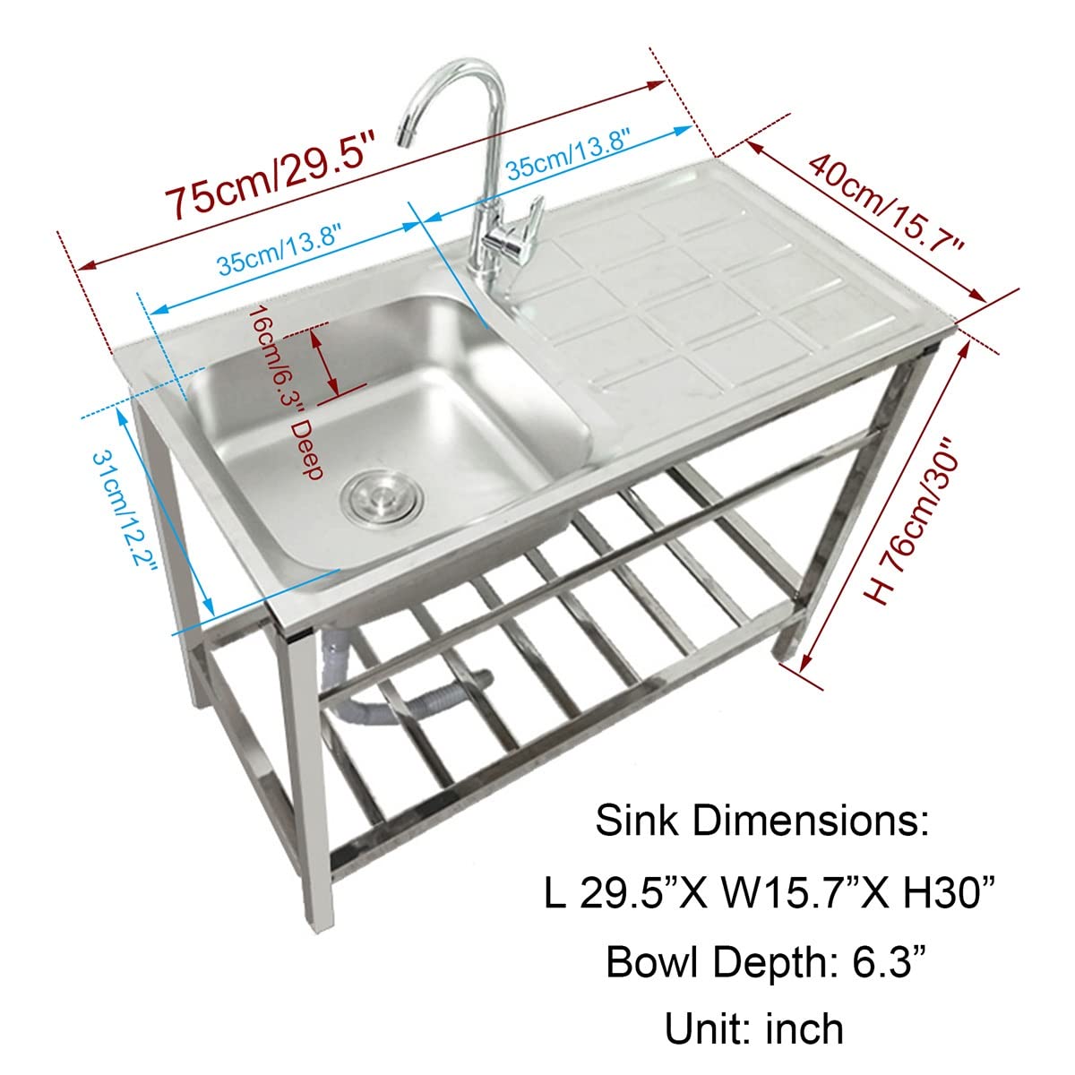 ENLLY Commercial Kitchen Sink, 29.5" L × 15.7" W × 30" H Single Bowl Stainless Steel Sink Utility Prep Washing Hand Basin for Yard Office Laundry Camping Restaurant, 1 Compartment