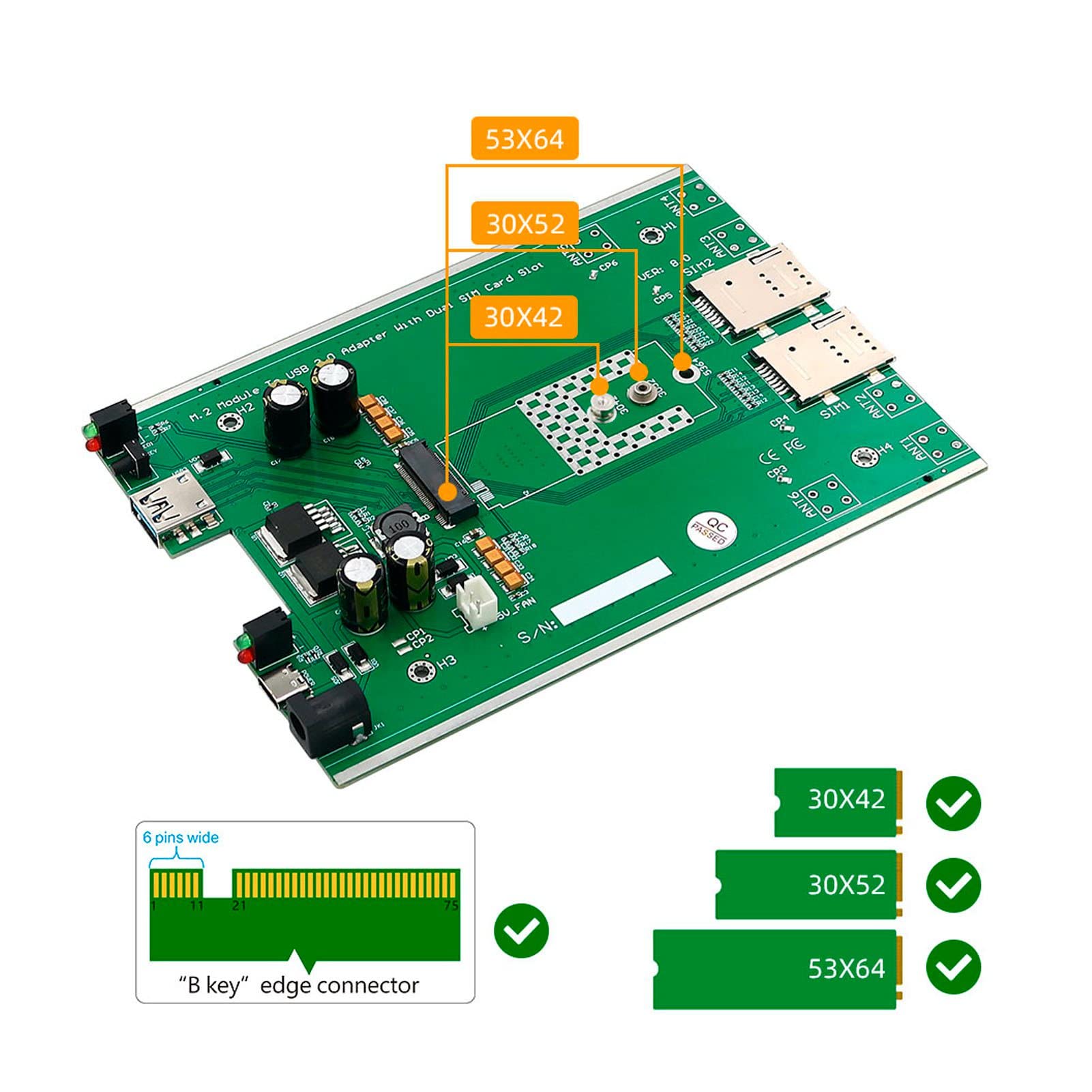 EBTOOLS NGFF M.2 4G 5G Module to USB3.0 Adapter, with Cooling Fan, Dual SIM Card Slot, High Gain 2.4G 5G Antenna, Auxiliary Power Supply, for M.2 5G Modules