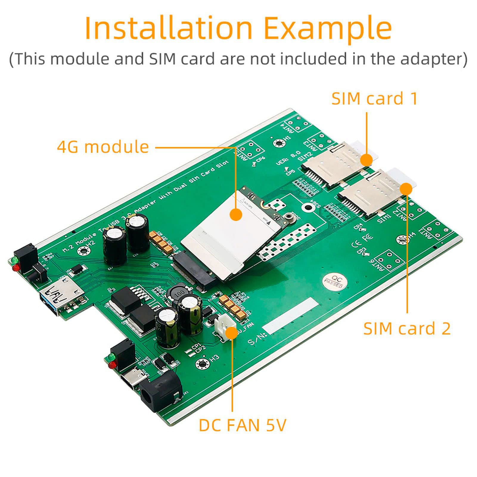 EBTOOLS NGFF M.2 4G 5G Module to USB3.0 Adapter, with Cooling Fan, Dual SIM Card Slot, High Gain 2.4G 5G Antenna, Auxiliary Power Supply, for M.2 5G Modules