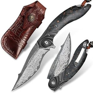 alvely handmade folding pocket knife，japanese damascus steel 3.9in blade men's folding knife，with pocket clip leather sheath，liner lock， carbon fiber handle，fit edc outdoor camping survival，gift