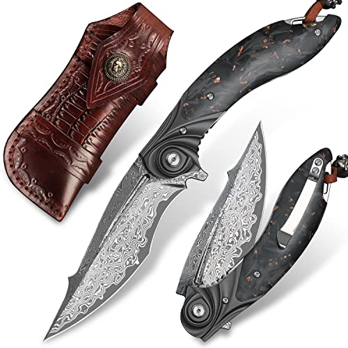 ALVELY handmade Folding Pocket Knife，Japanese Damascus steel 3.9in blade Men's folding knife，with Pocket Clip Leather Sheath，liner lock， Carbon Fiber Handle，fit EDC Outdoor camping Survival，gift