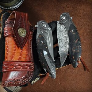 ALVELY handmade Folding Pocket Knife，Japanese Damascus steel 3.9in blade Men's folding knife，with Pocket Clip Leather Sheath，liner lock， Carbon Fiber Handle，fit EDC Outdoor camping Survival，gift