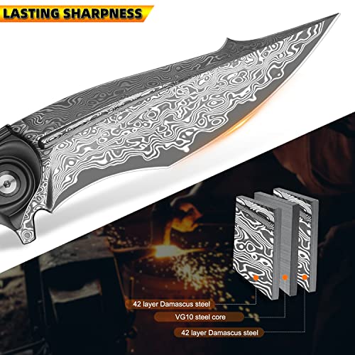 ALVELY handmade Folding Pocket Knife，Japanese Damascus steel 3.9in blade Men's folding knife，with Pocket Clip Leather Sheath，liner lock， Carbon Fiber Handle，fit EDC Outdoor camping Survival，gift