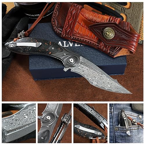 ALVELY handmade Folding Pocket Knife，Japanese Damascus steel 3.9in blade Men's folding knife，with Pocket Clip Leather Sheath，liner lock， Carbon Fiber Handle，fit EDC Outdoor camping Survival，gift