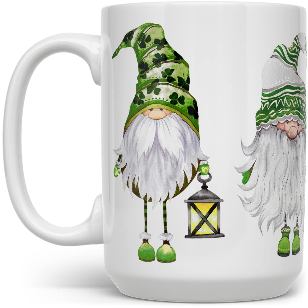 St Patricks Day Irish Gnomes Coffee Mug, Lucky Green Shamrock Tea Cup, Gift for Her Mom Friend (15oz)