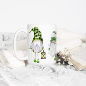 St Patricks Day Irish Gnomes Coffee Mug, Lucky Green Shamrock Tea Cup, Gift for Her Mom Friend (15oz)