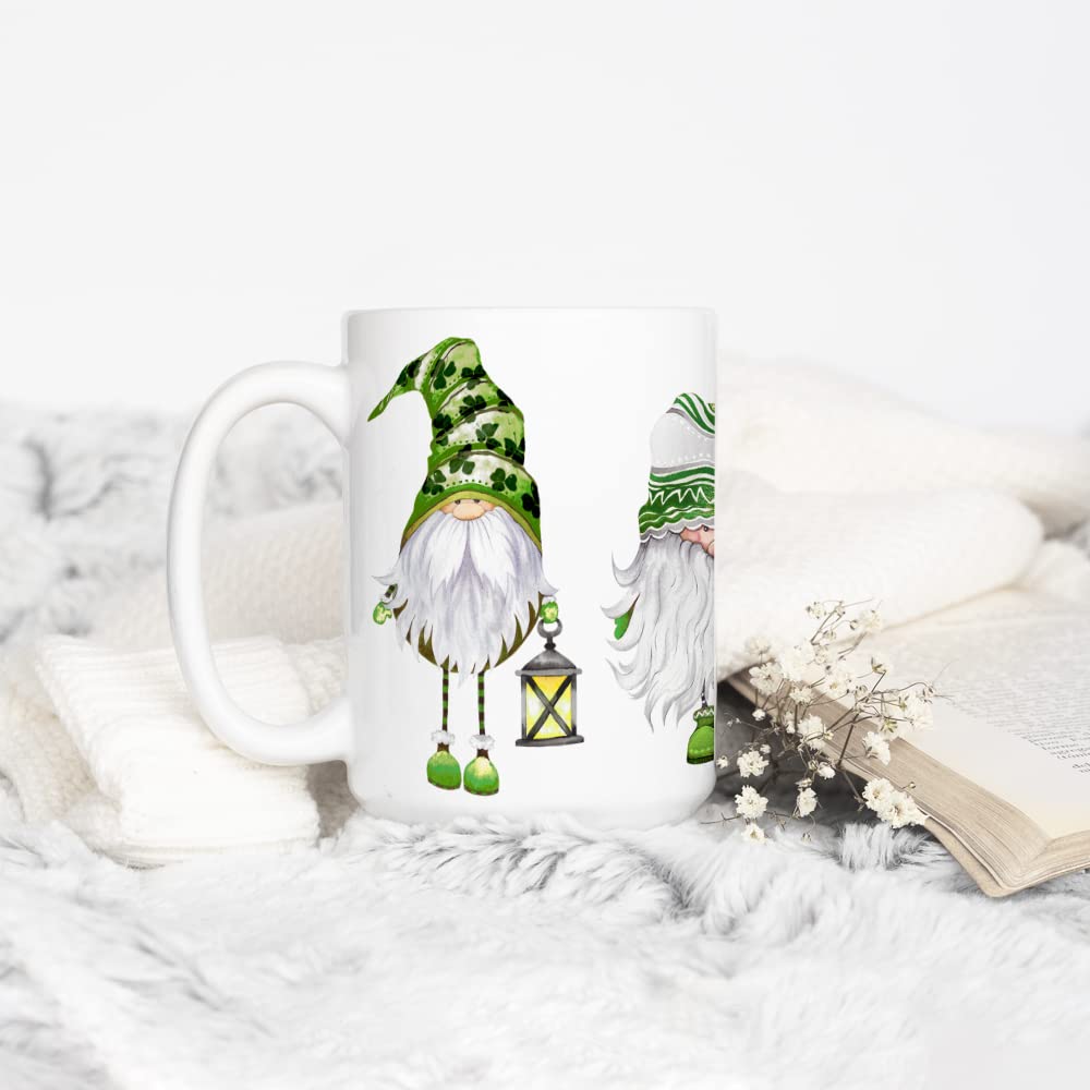 St Patricks Day Irish Gnomes Coffee Mug, Lucky Green Shamrock Tea Cup, Gift for Her Mom Friend (15oz)