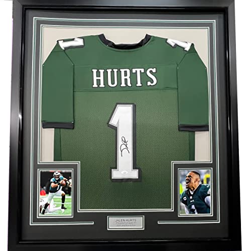 Framed Autographed/Signed Jalen Hurts 33x42#1 Philadelphia Green Football Jersey JSA COA