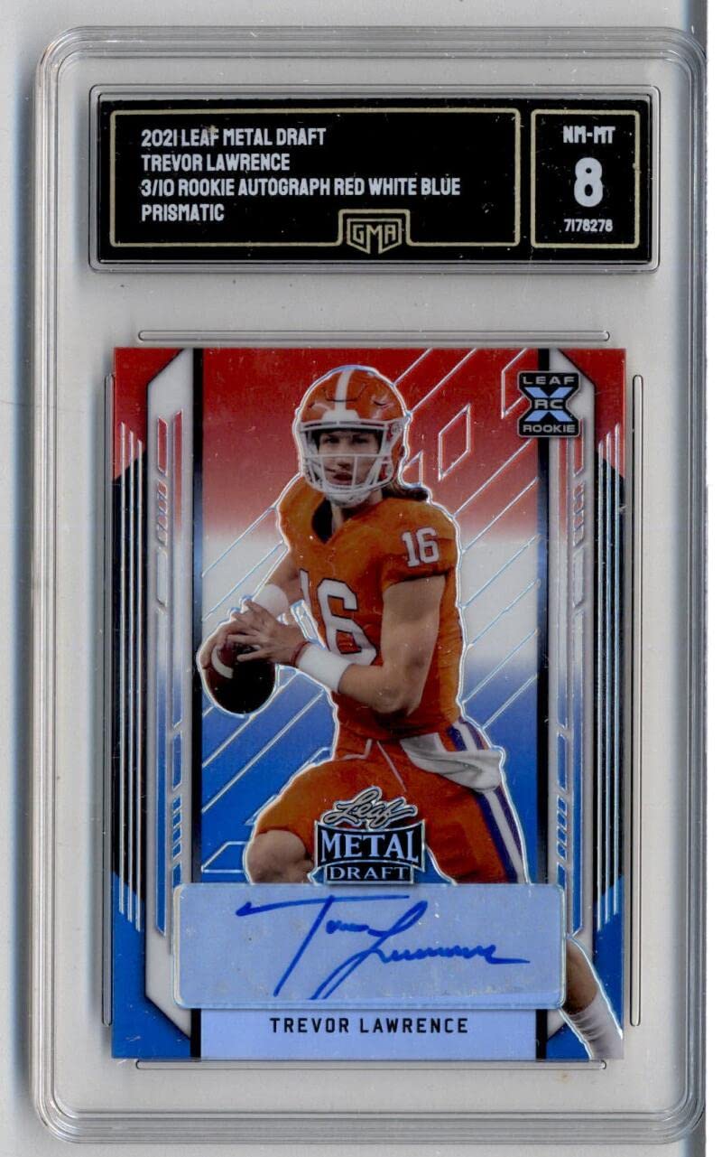 2021 Leaf Metal Draft Red White Blue Autograph #BA-TL1 Trevor Lawrence RC Rookie AUTO 3/10 Football Trading Card Graded (GMA 8 NM-MT) Jacksonville Jaguars