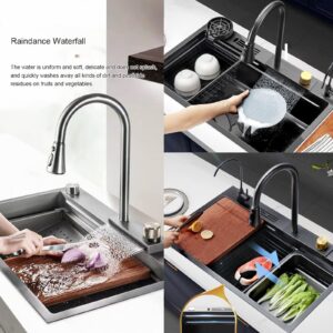 Black 304 Stainless Steel Kitchen Sink Nano Raindance Waterfall Countertop Sink Drop-in Or Undermount Utility Sinks for a Laundry Room Modern Bar Sink with Cup Washer Sinks and Pull-Out Faucet ( Size