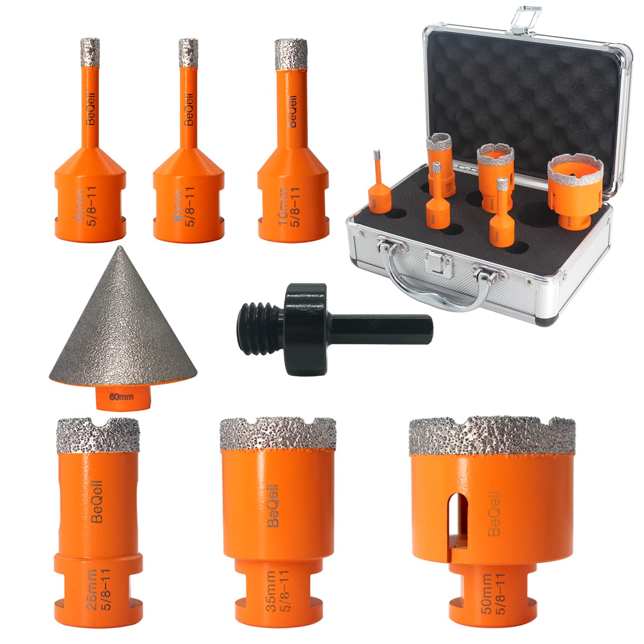 Diamond Core Drill Bits Set 8pcs Tile Hole Saw Kit for Porcelain Tile Ceramic Marble Brick Granite with 5/8-11 Thread(6/8/10/25/35/50mm+50mm Beveling Chamfer Bit Tile Cone+Hex Shank Adapter)