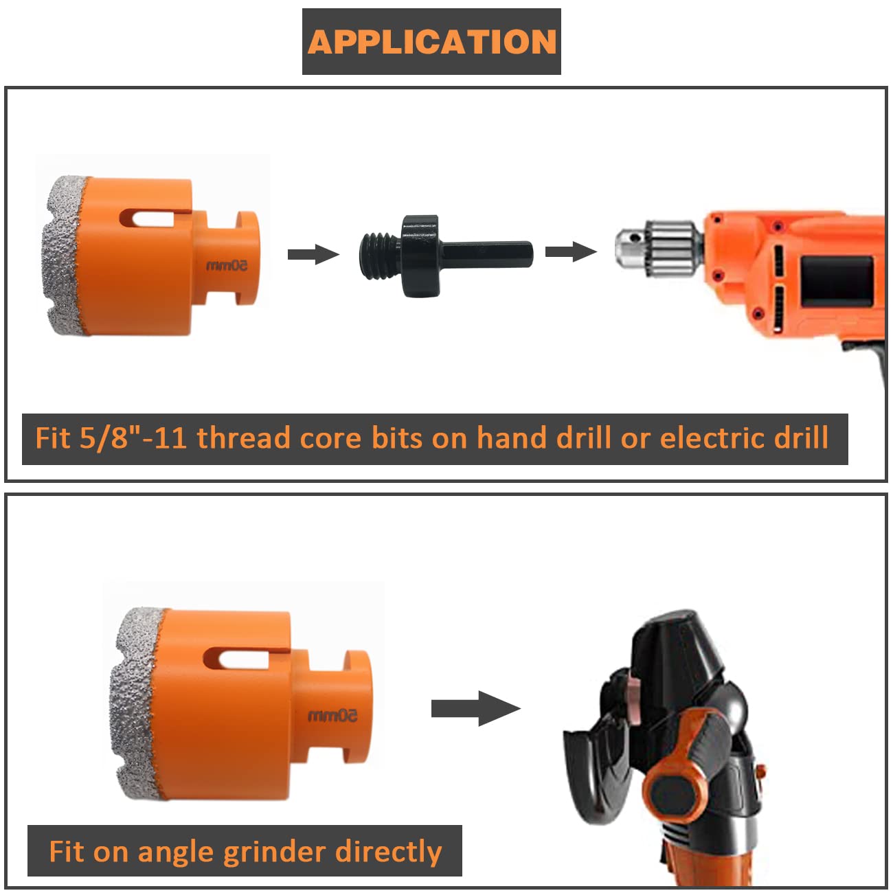 Diamond Core Drill Bits Set 8pcs Tile Hole Saw Kit for Porcelain Tile Ceramic Marble Brick Granite with 5/8-11 Thread(6/8/10/25/35/50mm+50mm Beveling Chamfer Bit Tile Cone+Hex Shank Adapter)