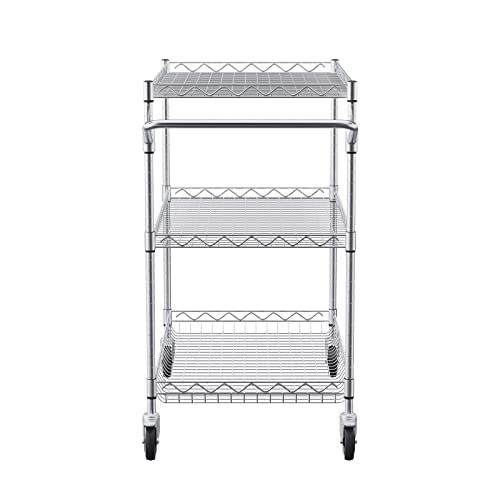 VEVOR Kitchen Utility Cart, 3 Tiers, Wire Rolling Cart with 661 LBS Capacity, Steel Service Cart on Wheels, Metal Storage Trolley with 80 mm Deep Basket Curved Handle 6 Hooks, NSF Listed