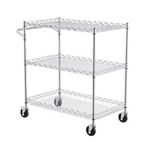 VEVOR Kitchen Utility Cart, 3 Tiers, Wire Rolling Cart with 661 LBS Capacity, Steel Service Cart on Wheels, Metal Storage Trolley with 80 mm Deep Basket Curved Handle 6 Hooks, NSF Listed