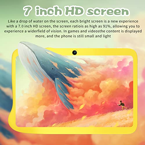 soobu Kids Tablet, 4GB 128G HD Tablet LED Screen Front 2MP Rear 5MP 100-240V for Android 10 for Reading (Yellow)