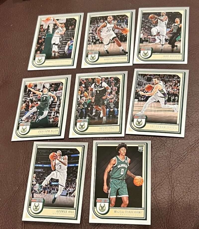 2022-23 Panini NBA Hoops Milwaukee Bucks Team Set Includes Rookies (Hand Collated) of 8 Cards: #44 Giannis Antetokounmpo #45 Khris Middleton #46 Jrue Holiday #47 Grayson Allen #48 Bobby Portis #49 Pat Connaughton #50 George Hill #254 MarJon Beauchamp