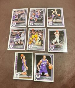 2022-23 panini nba hoops sacramento kings team set includes rookies (hand collated) of 8 cards: #83 kevin huerter #157 de'aaron fox #158 harrison barnes #159 domantas sabonis #160 davion mitchell #162 malik monk #234 keegan murray #284 keegan murray