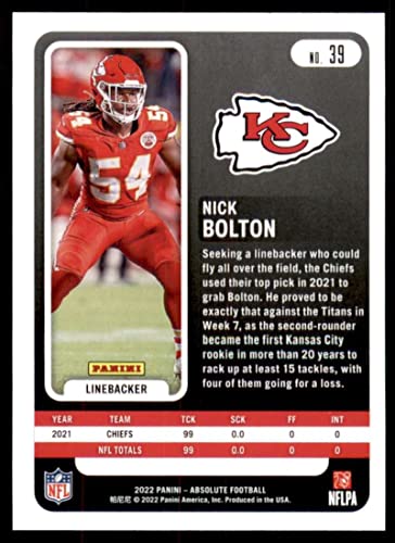 2022 Panini Absolute #39 Nick Bolton Kansas City Chiefs Football Trading Card