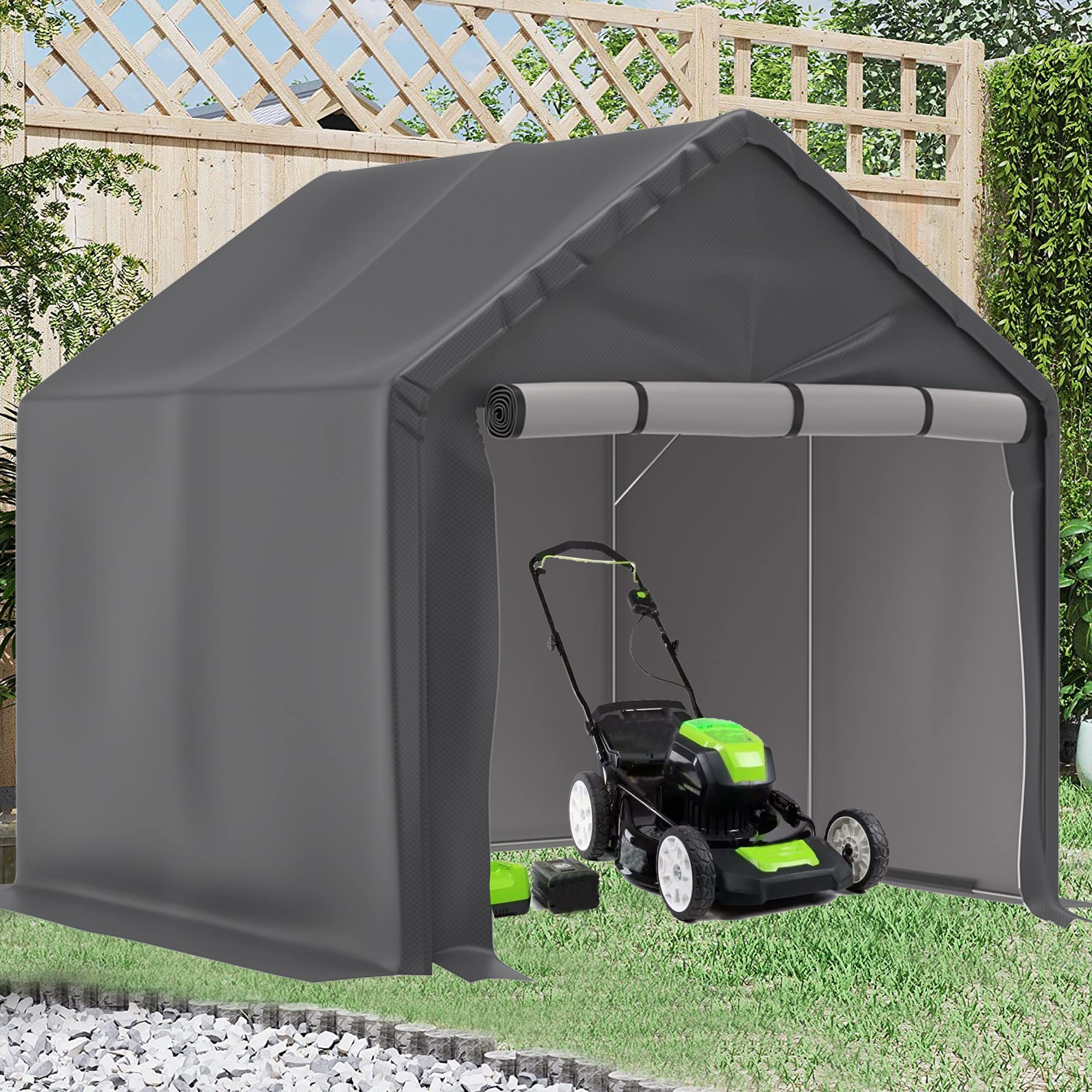 WEASHUME 10x10 ft Outdoor Storage Shelter Portable Garage Storage Shed with Steel Metal Frame, Detachable Roll-up Zipper Door and Waterproof Cover, Storage Carport Tent,Dark Grey