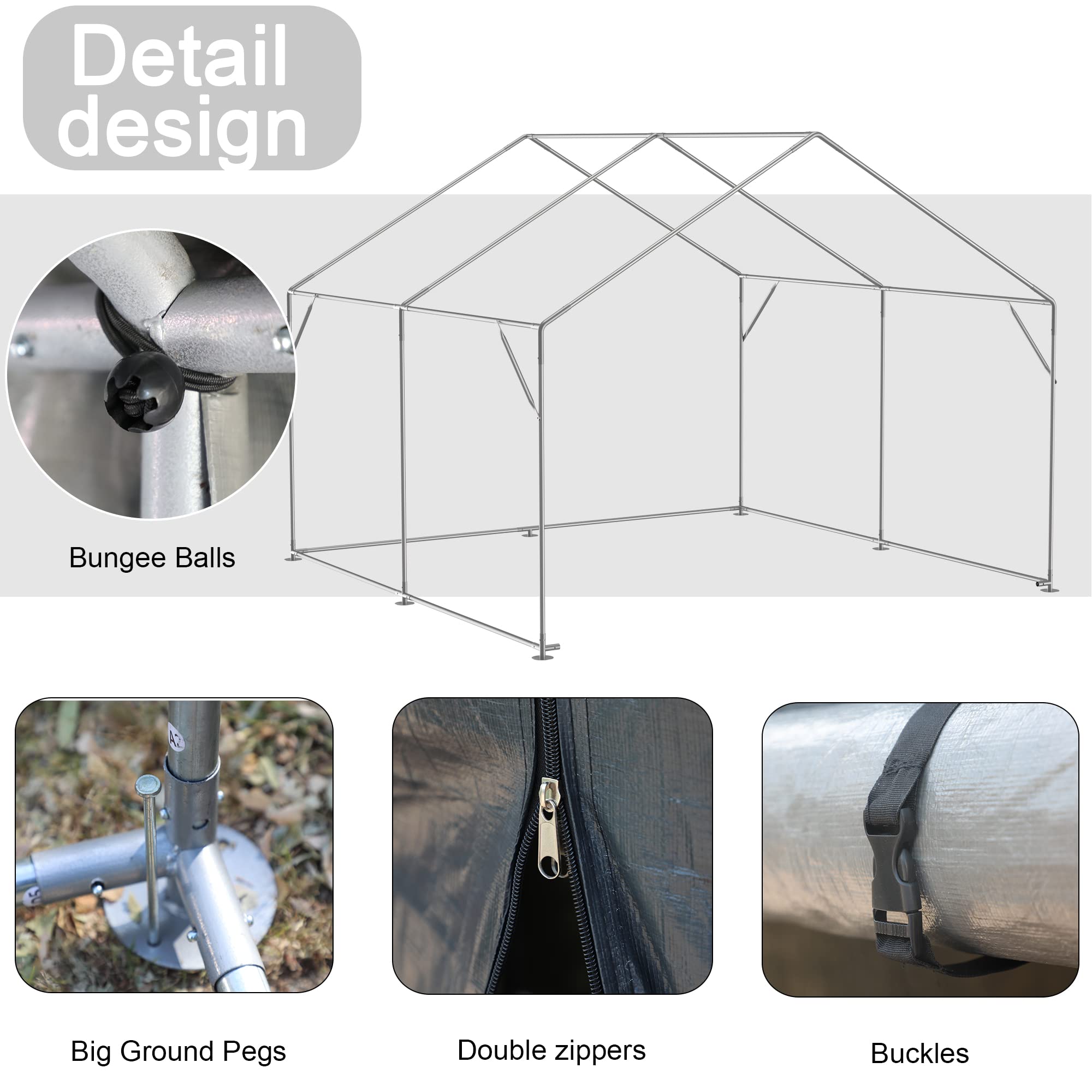 WEASHUME 10x10 ft Outdoor Storage Shelter Portable Garage Storage Shed with Steel Metal Frame, Detachable Roll-up Zipper Door and Waterproof Cover, Storage Carport Tent,Dark Grey